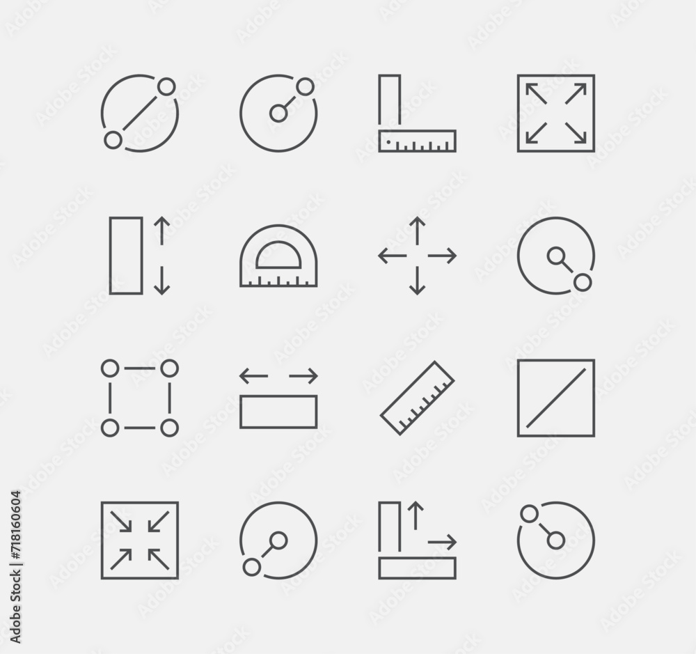 Set of measure related icons, resize, radius, depth, area, diameter and ...