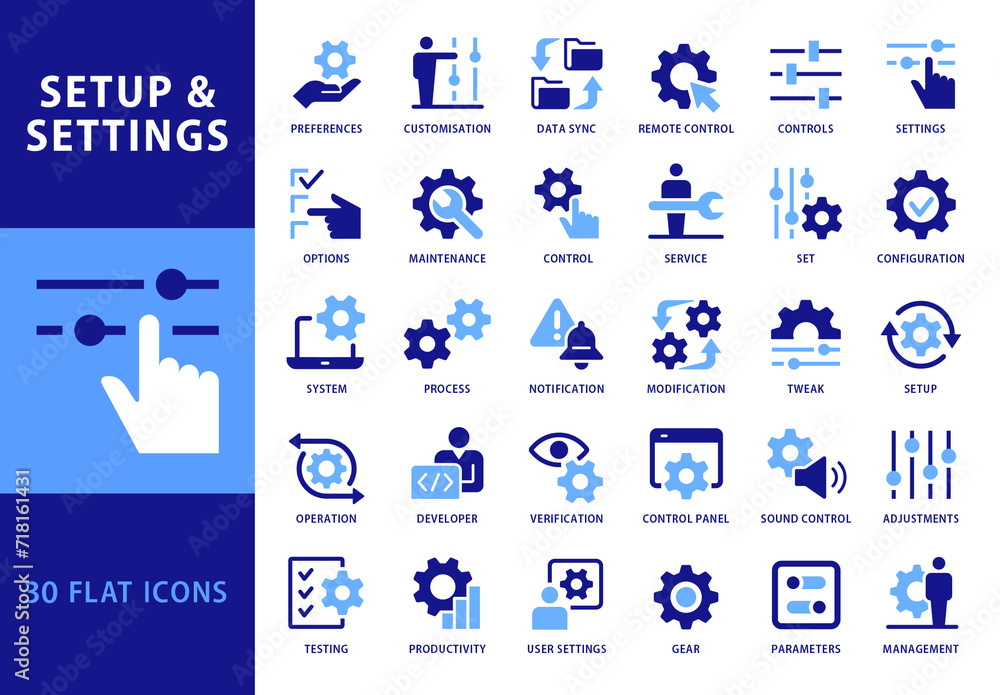 Setup and Settings 30 Blue Dual Icons Set Stock Template | Adobe Stock