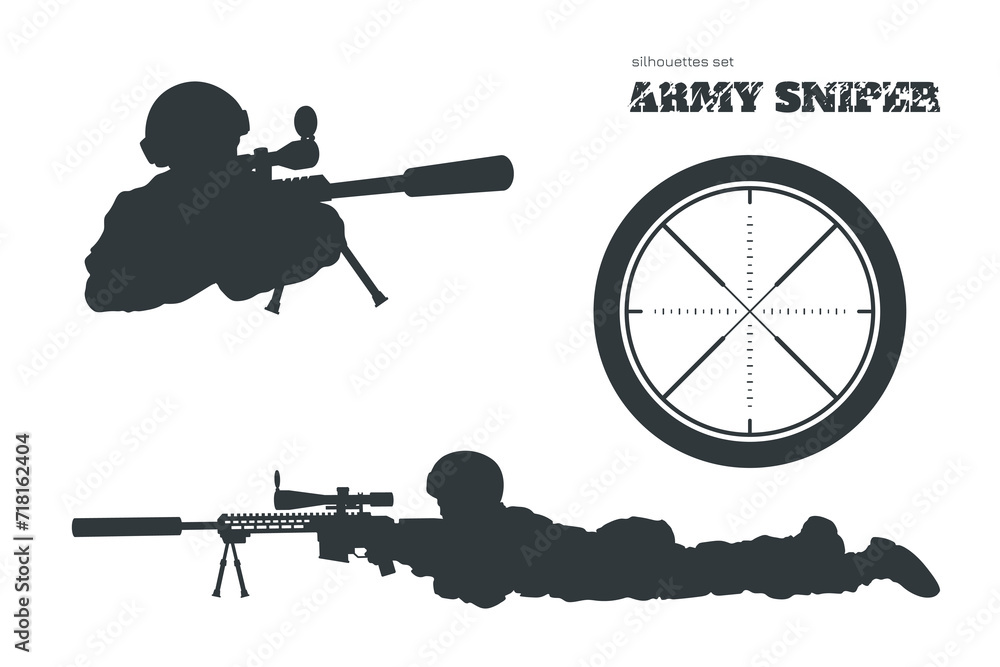 Army sniper silhouette. Isolated marksman portrait. Black print of ...