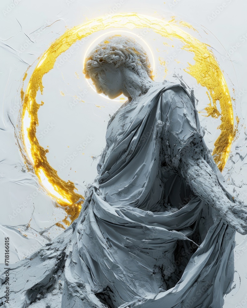 Mesmerizing depiction of a god statue with a gold halo divine glitch ...