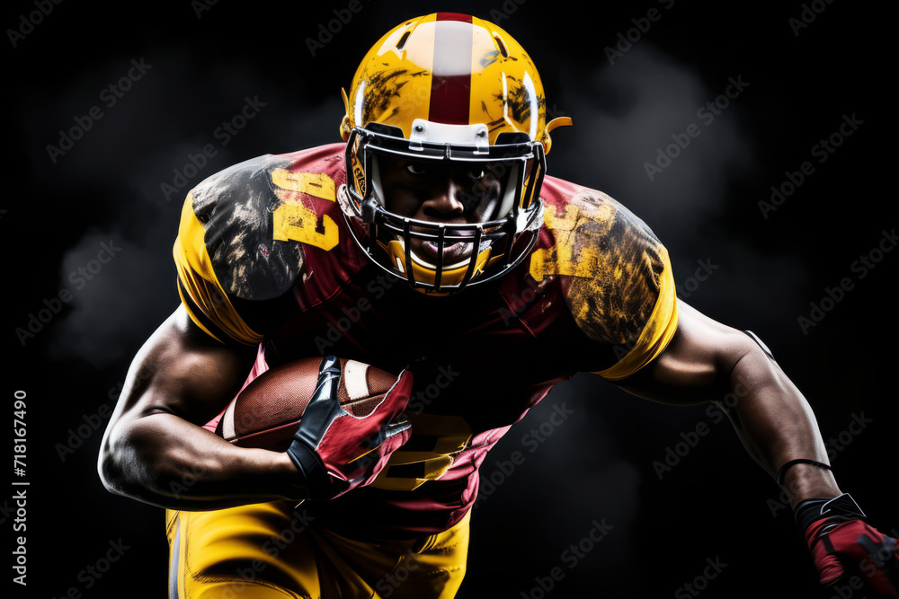 Portrait of American football player running with the ball. Muscular ...