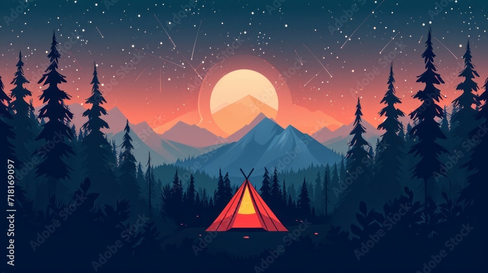 Vivid 2D vector illustration of a tent in the middle of forest and ...