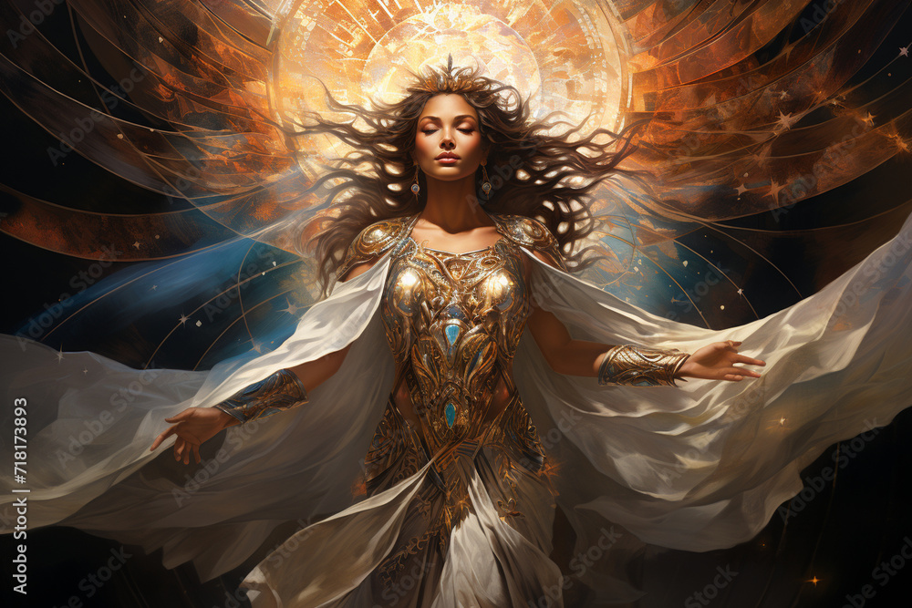 Soaring through the cosmic winds, an angelic aviator with wings of ...