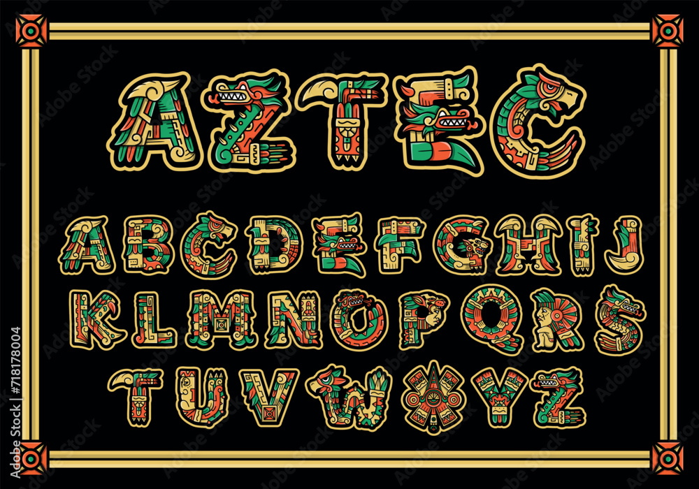 Alphabet in Aztec, Mayan or Inca style. With symbols of Native ...
