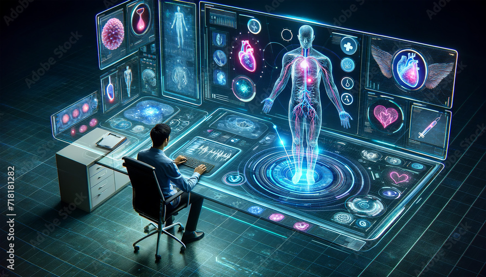 Futuristic medical holographic display shows human body analysis as a ...