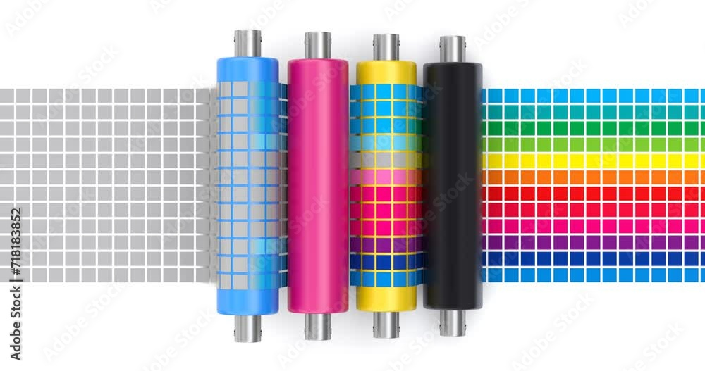CMYK printing concept process with top view of printer rollers and ...