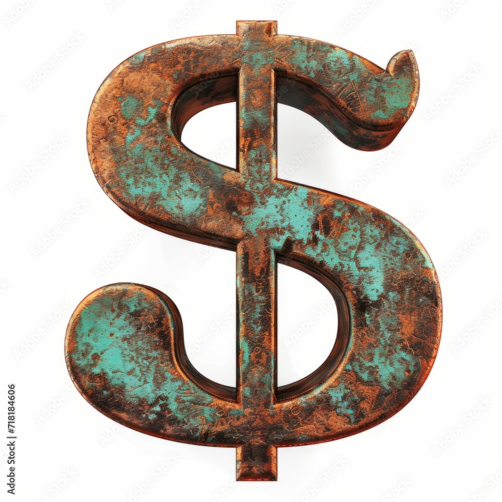 Copper Patina Dollar Sign on White Background. Photorealistic Buck Sign ...