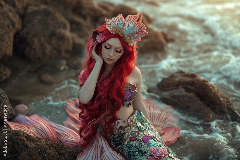 red hair gothic real mermaid resting on ocean shore. Wet Silver tail ...