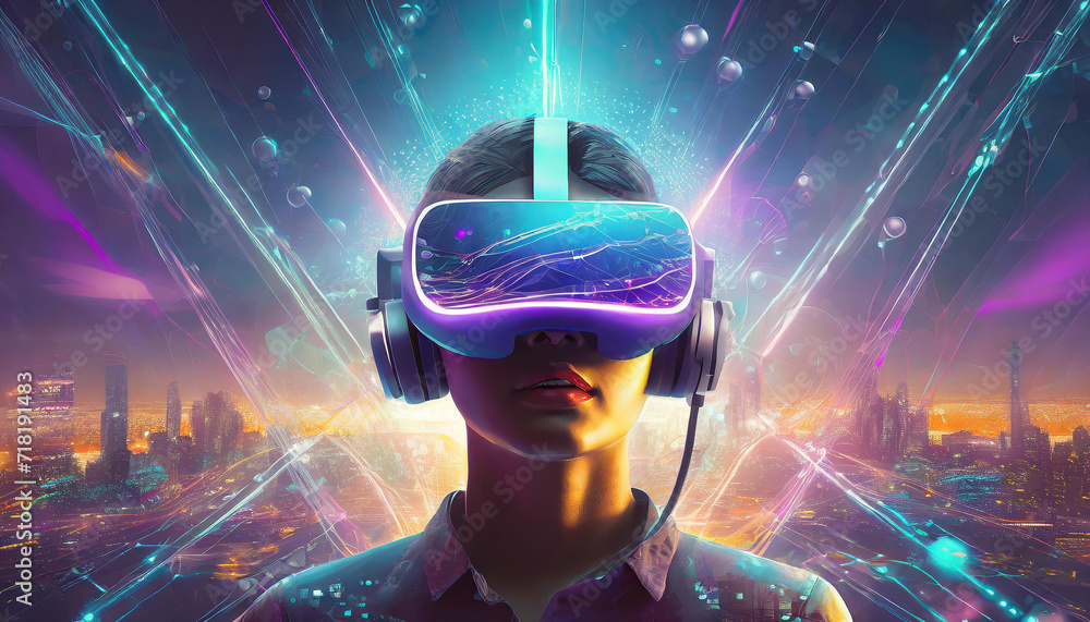 Exploring the Metaverse: VR Headset in a Futuristic Virtual World with Double Exposure, State-of ...