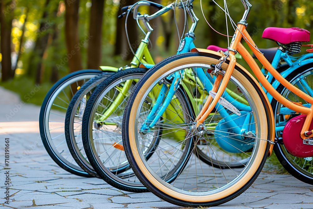 A group of sleek bicycles rest peacefully on a rustic brick surface ...