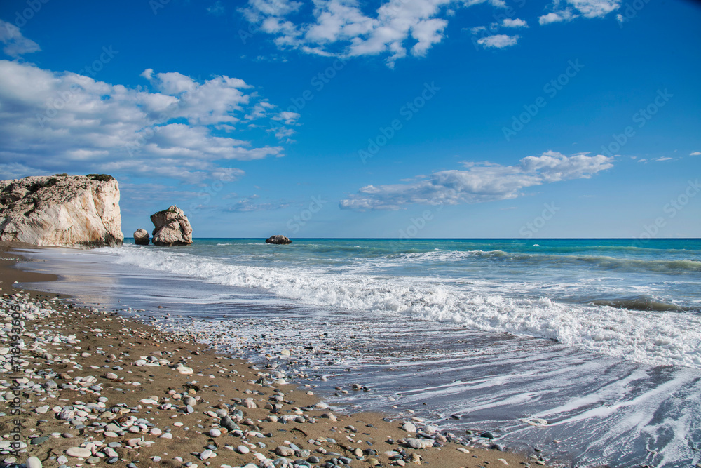 Aphrodite Beach with Stone Rocks in Aphrodite bay of Mediterranean sea ...