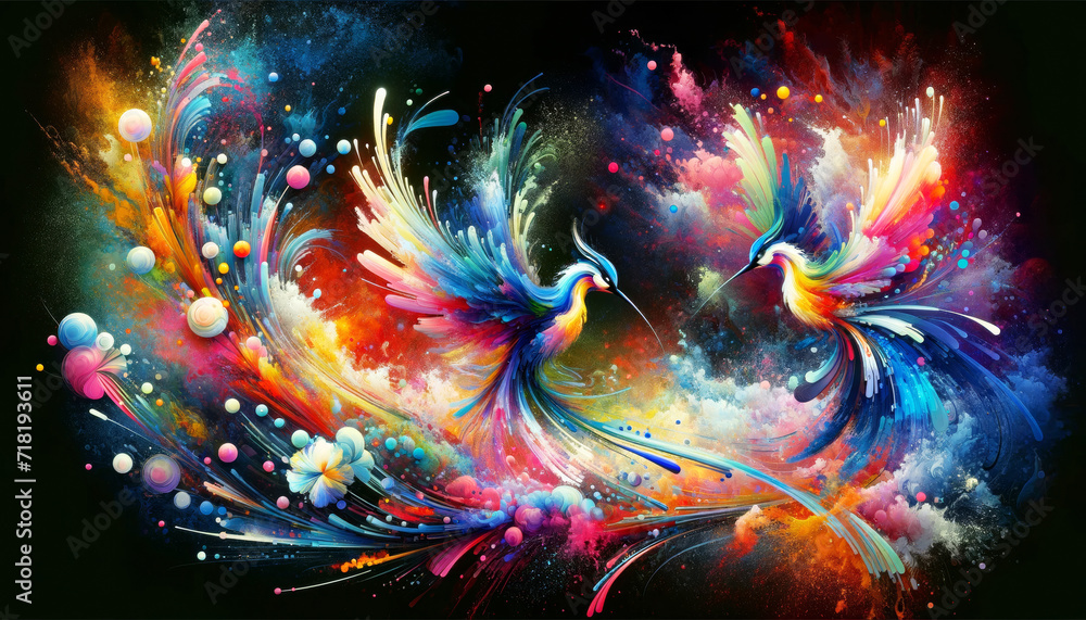 Cosmic Hummingbirds in Abstract Flight. Two hummingbirds in flight ...
