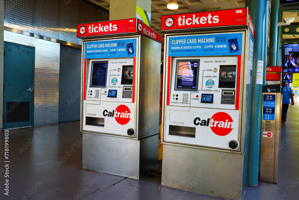 San Francisco, California – October 23, 2023: Caltrain Tickets Machines ...