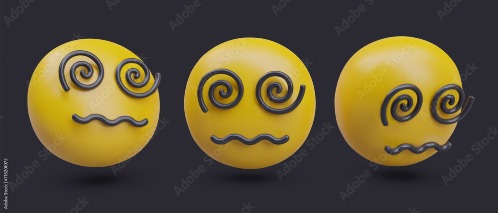 Dizzy face emoticons set. Yellow 3D heads with spirals eyes and twisted ...