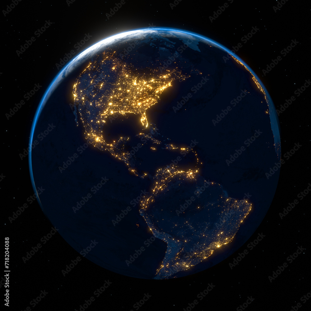 Western hemisphere at night from space with brightly lit cities and ...