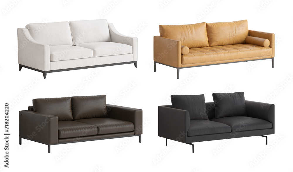 Set of four perspective views of a modern three-seater sofas. An ivory ...