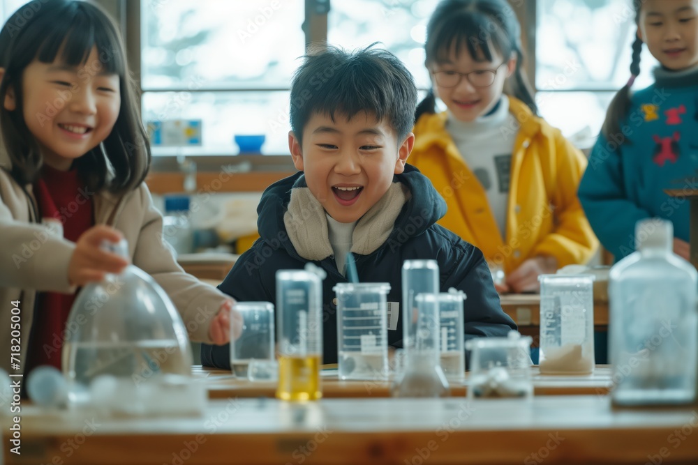 Joyful children engaging in a science experiment at school, excitement ...
