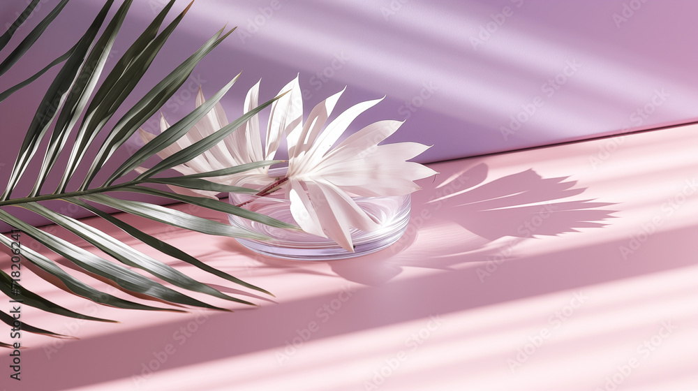 Feuille de palmier sur fond rose, mauve. Jeu d'ombre et de lumière ...