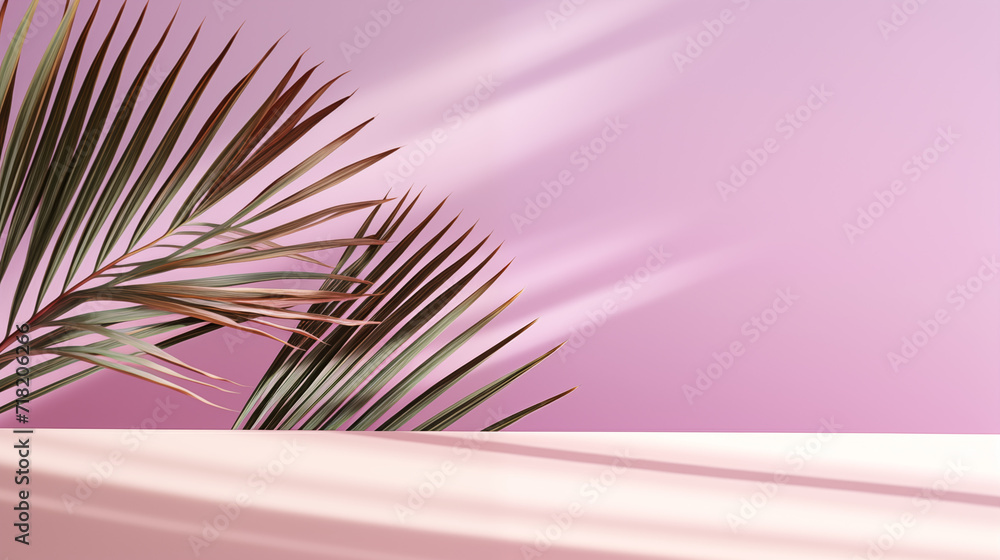 Feuille de palmier sur fond rose, mauve. Jeu d'ombre et de lumière ...