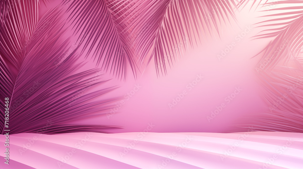 Feuille de palmier sur fond rose, mauve. Jeu d'ombre et de lumière ...