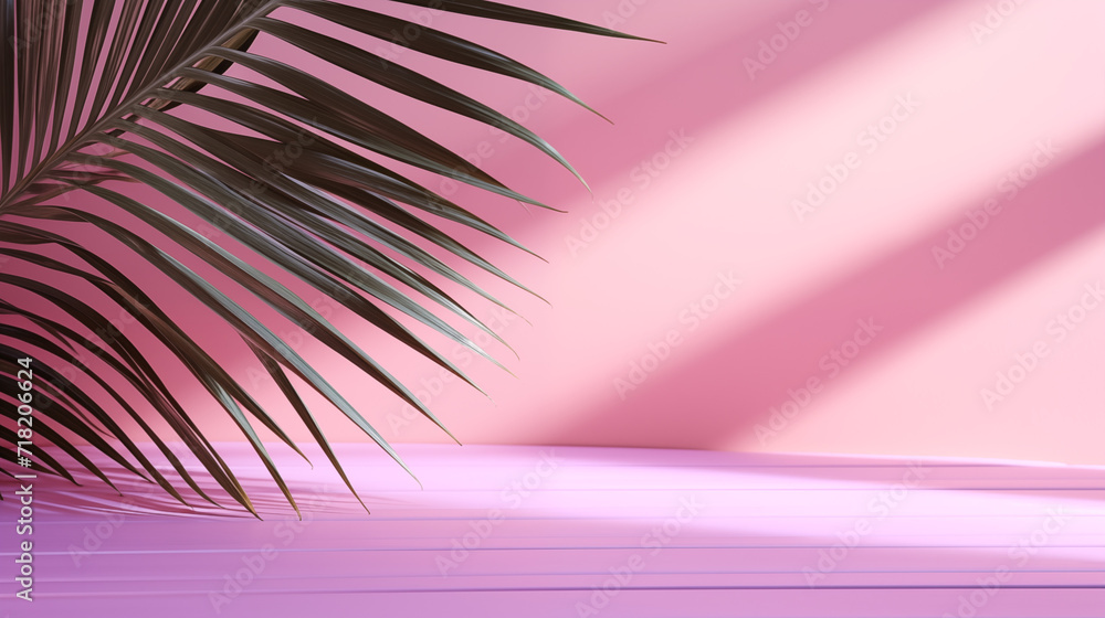 Feuille de palmier sur fond rose, mauve. Jeu d'ombre et de lumière ...