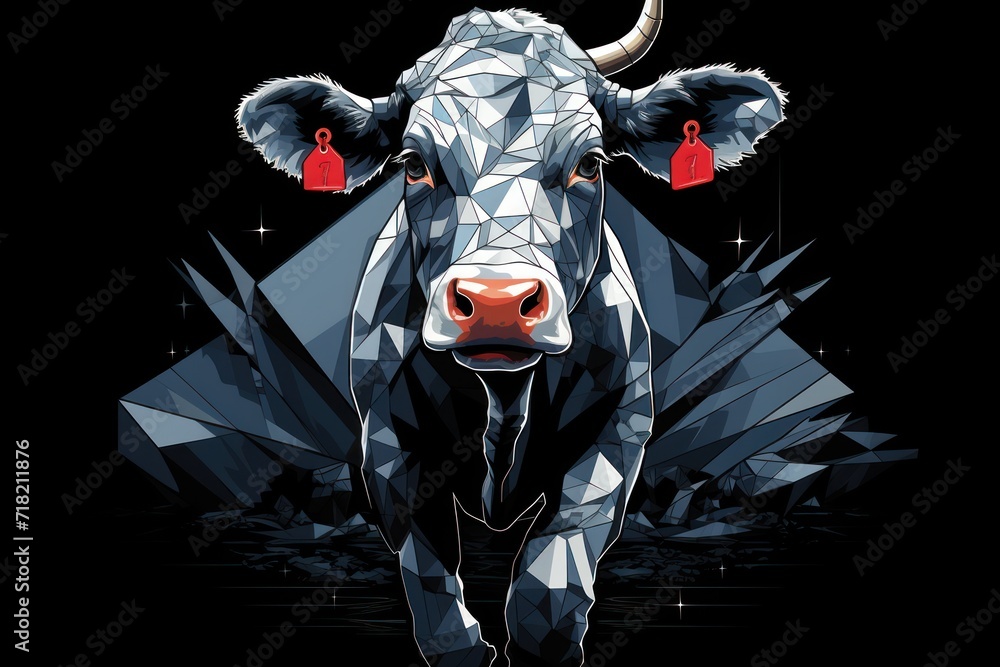 a black and white cow with red tags on it's ears standing in front of a ...