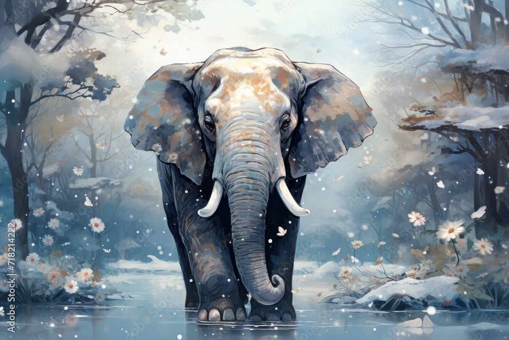 a painting of an elephant in a snowy forest with snow falling on the ...