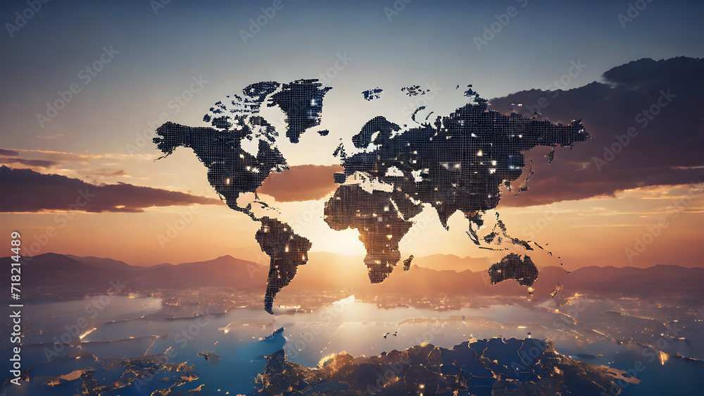 Polygonal mesh network map of world of lines and points, dots and ...