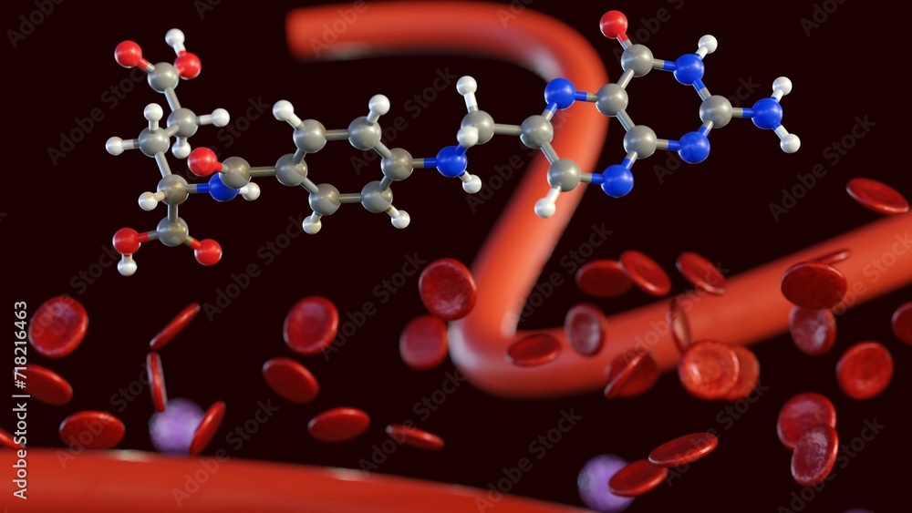 3d rendering of folic acid molecule, also known as vitamin B9, helps ...