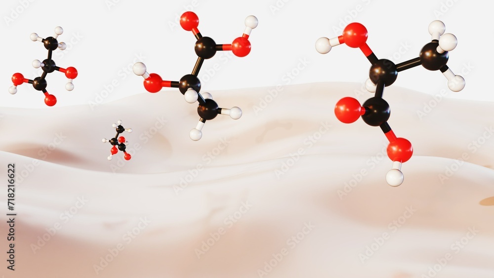 3d rendering of lactic acid molecules and milk. Milk contains some of ...