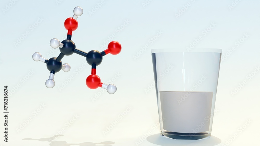 3d rendering of lactic acid molecules and milk. Milk contains some of ...