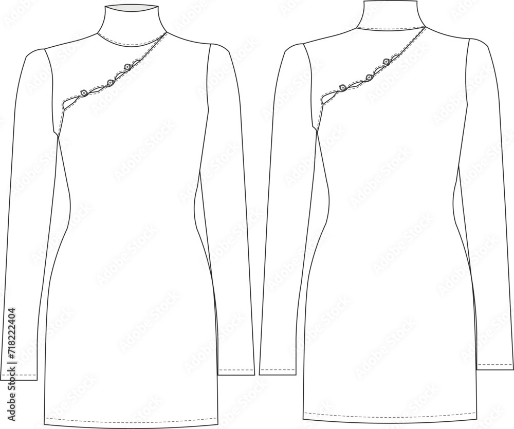 buttoned turtleneck high neck long sleeve bodycon short dress template ...