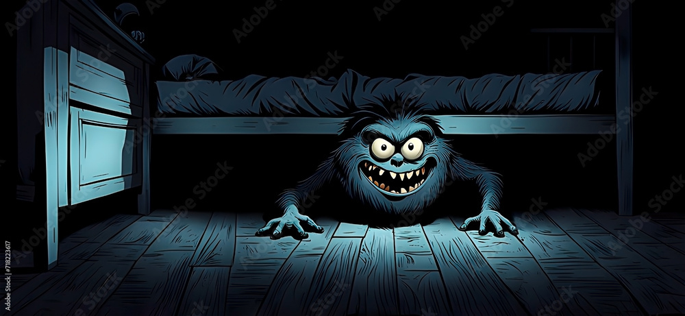 Scary nightmare monster under a kid bed. Cartoon style. Stock ...