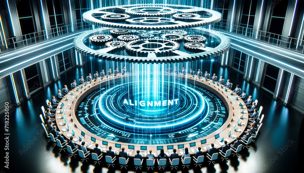 Massive round table in futuristic conference room. holographic gears ...