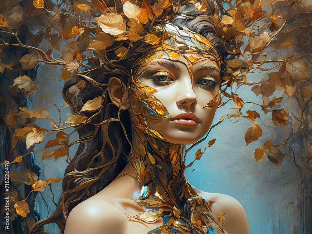 Mystical girl with hair in the shape of a tree crown. The inner world ...