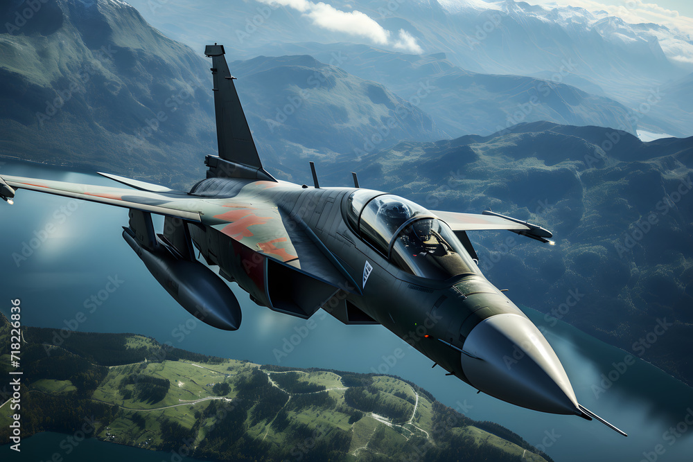 Modern stealth fighter plane. Flight in formation, flyby and landing ...