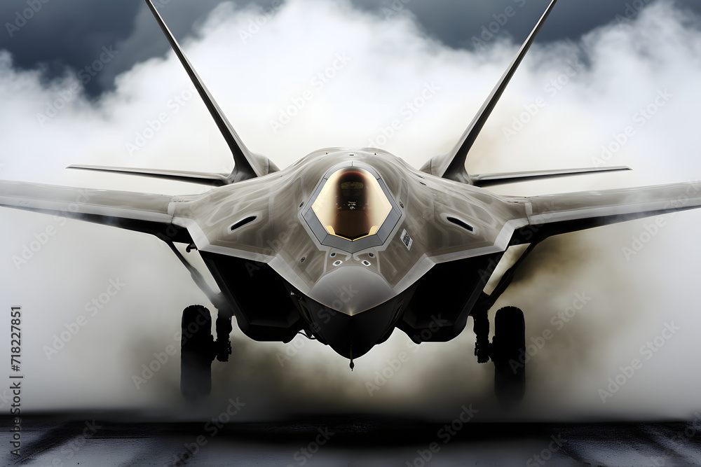 Modern stealth fighter plane. Flight in formation, flyby and landing ...