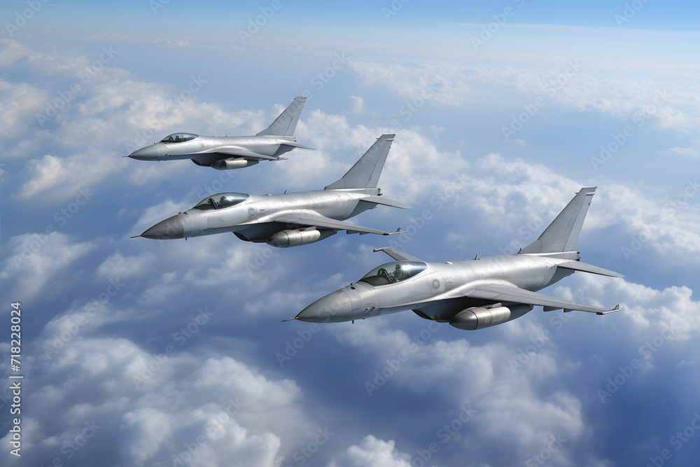 Modern stealth fighter plane. Flight in formation, flyby and landing ...