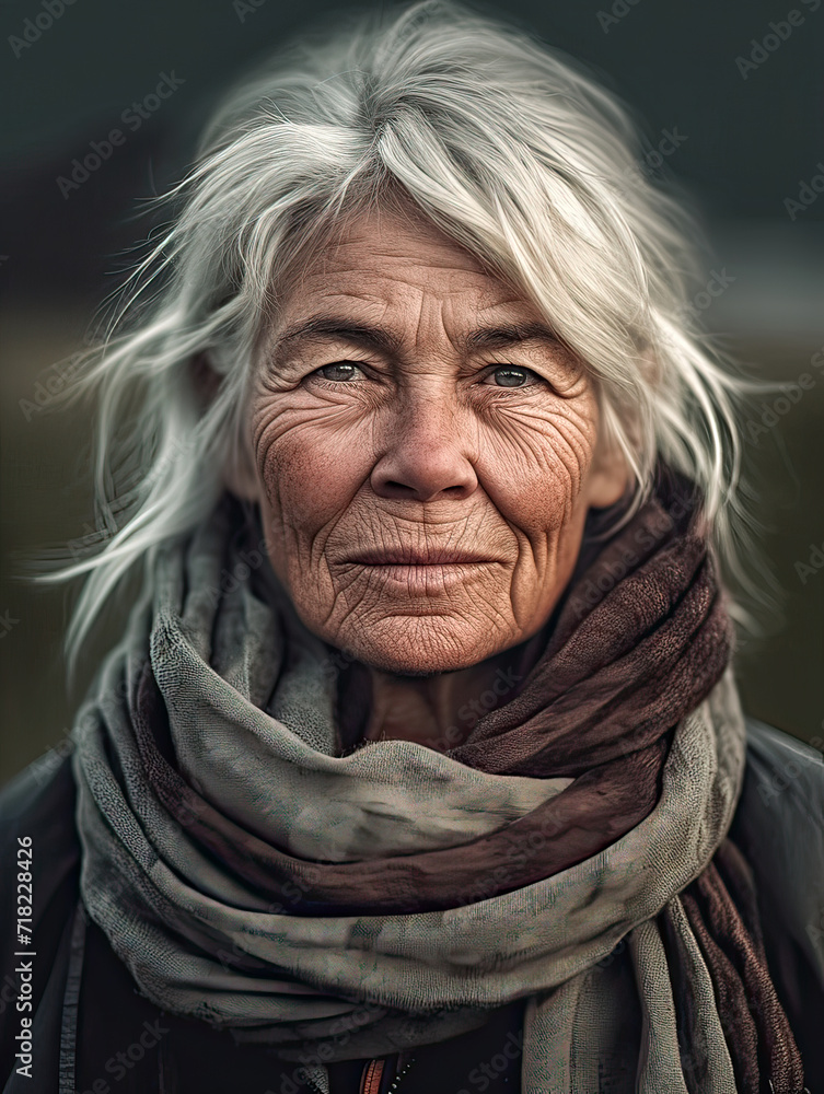 Alte Frau mit grauen Haaren und faltiger Haut, Portrait, Blick in die ...
