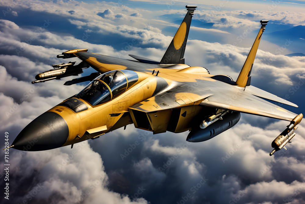 Modern stealth fighter plane. Flight in formation, flyby and landing ...