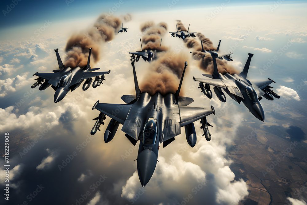 Modern stealth fighter plane. Flight in formation, flyby and landing ...