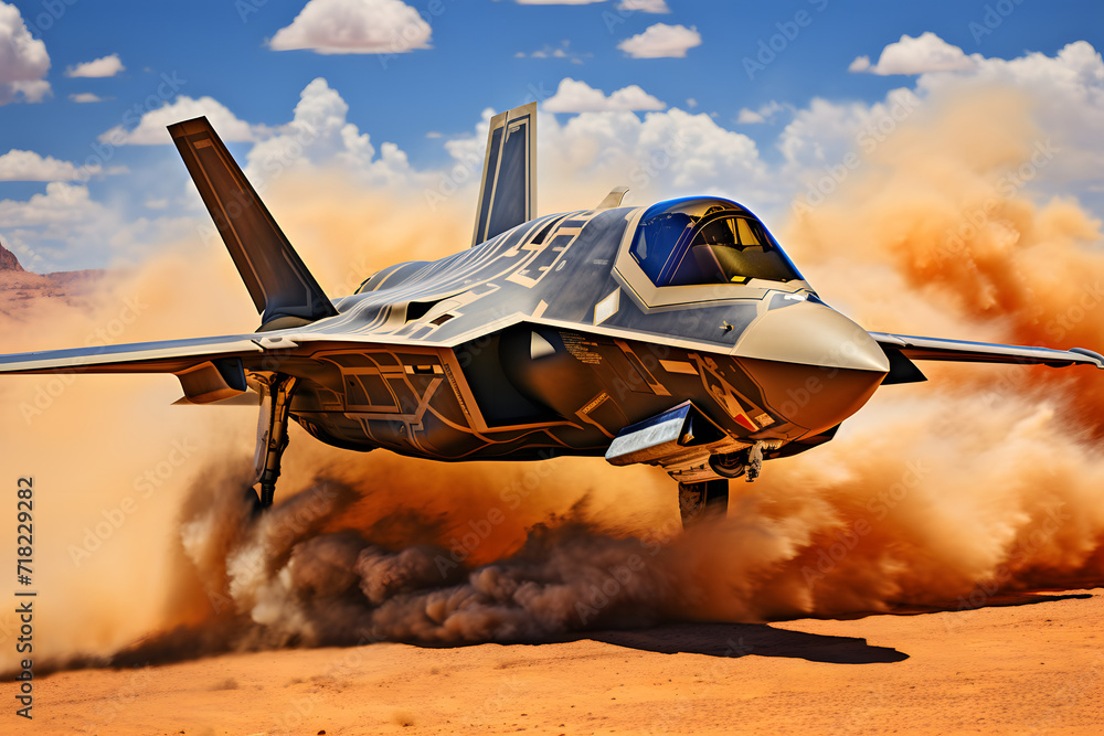 Modern stealth fighter plane. Flight in formation, flyby and landing ...