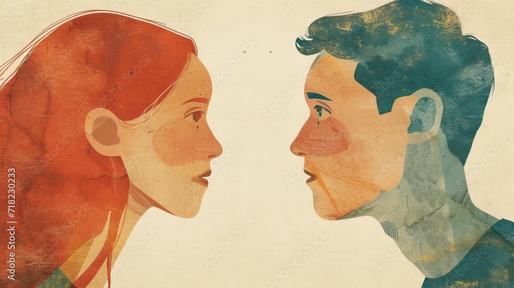 Woman and man face to face. Photo in old color image style Stock ...