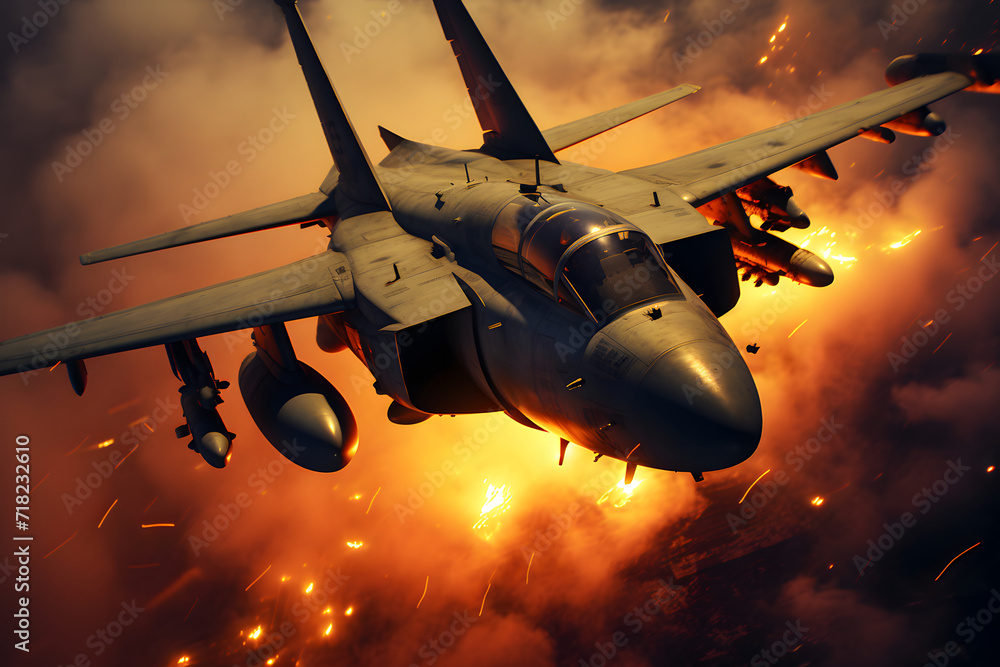 Modern stealth fighter plane. Flight in formation, flyby and landing ...