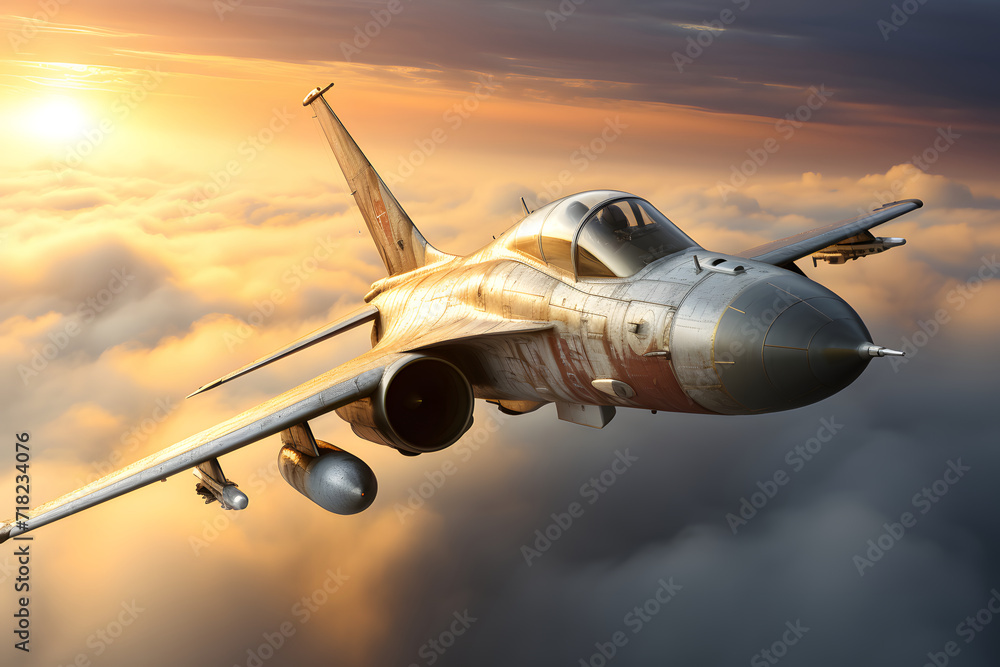 Modern stealth fighter plane. Flight in formation, flyby and landing ...