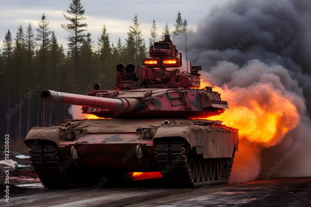 Modern tank on the battlefield, armed with a huge cannon Stock ...