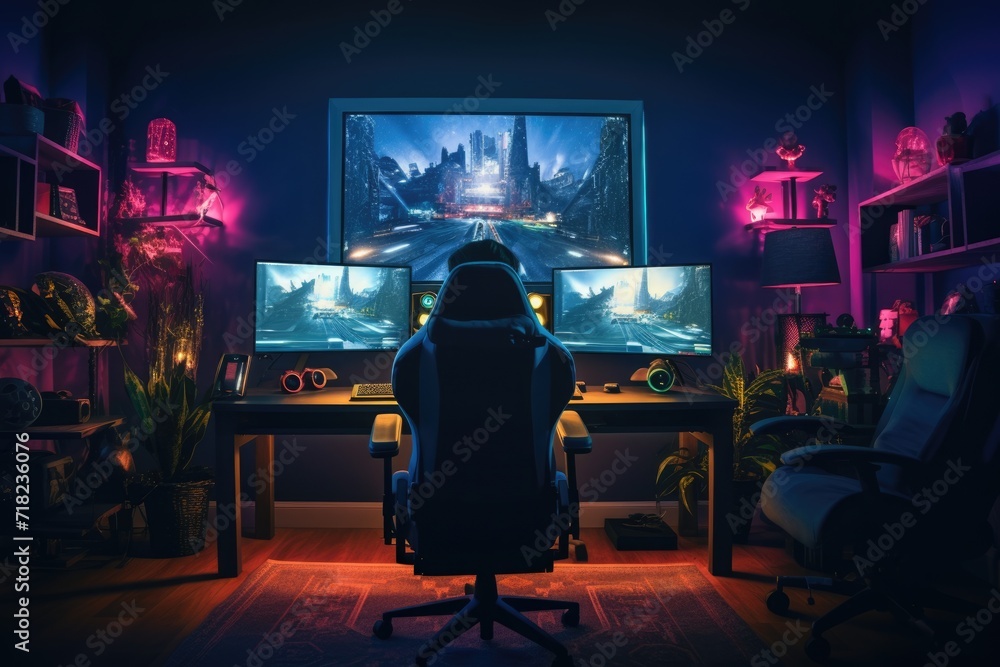 Pc Gaming Setup. Professional Gamer's Home Office with Modern PC, RGB ...