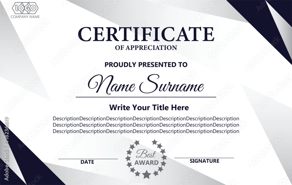 Award Certificate Design Template for Office and Business 14 Stock ...
