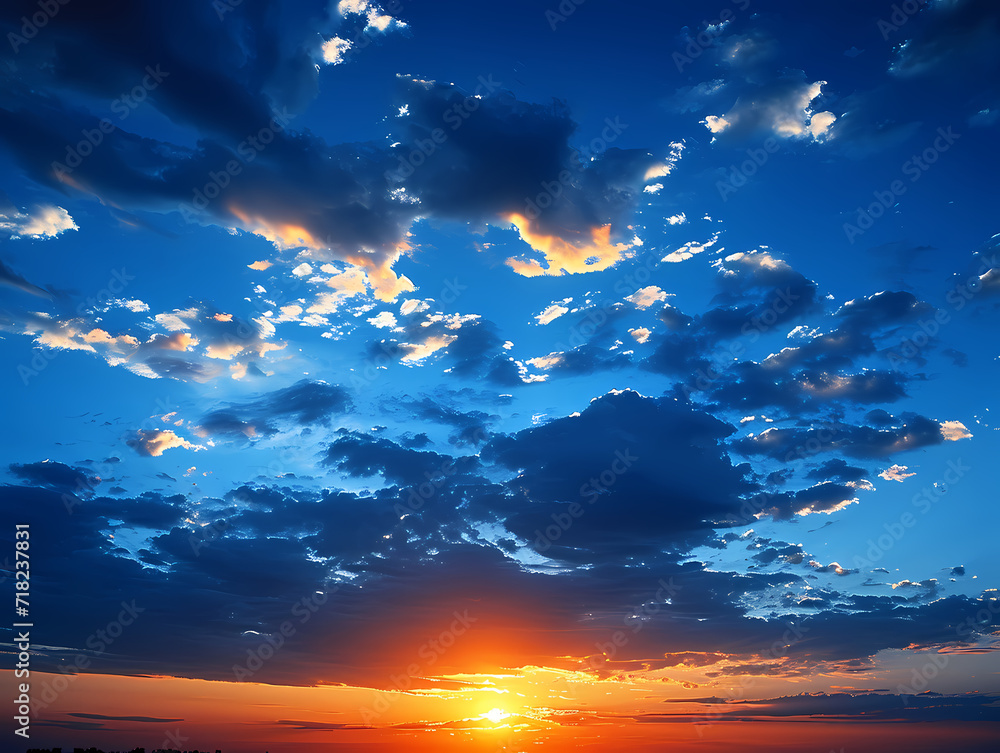 epic colorful sky with clouds at sunset. View towards the horizon ...