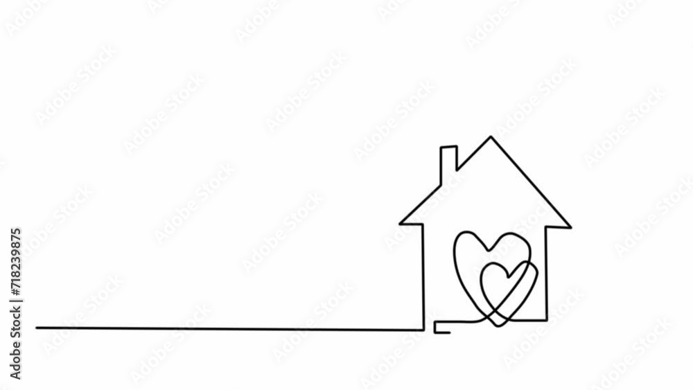 Continuous single line drawing. Two hearts inside a house, a symbol of ...